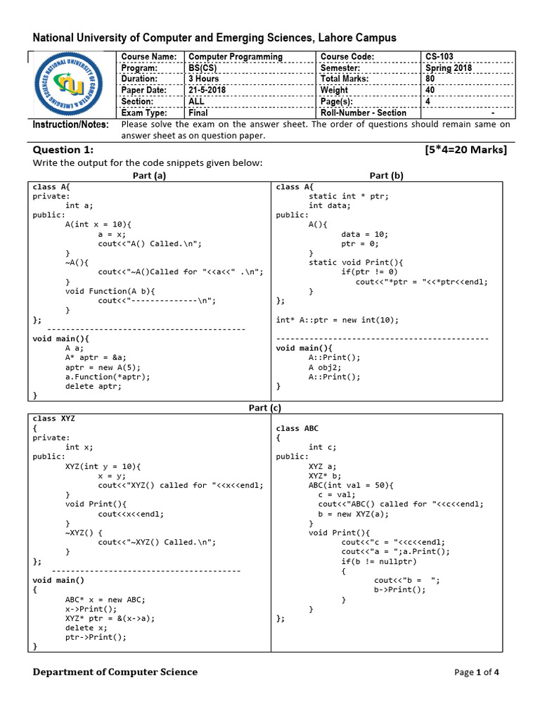 CS-103 Final Exam Spring 2018 | PDF | Class (Computer Programming ...
