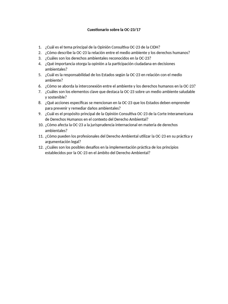 Cuestionario sobre la OC-23/17 y Derechos Ambientales | PDF