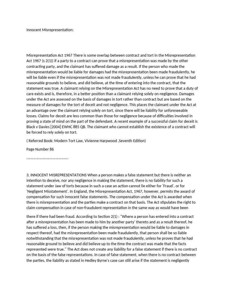 Innocent Misrepresentation | PDF | Misrepresentation | Damages