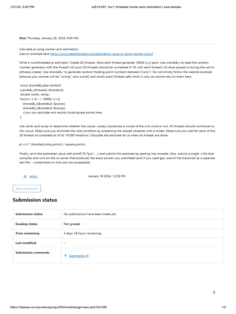 cs514-001_ hw1_ threaded monte carlo estimation _ siue-classes | PDF | Thread (Computing ...