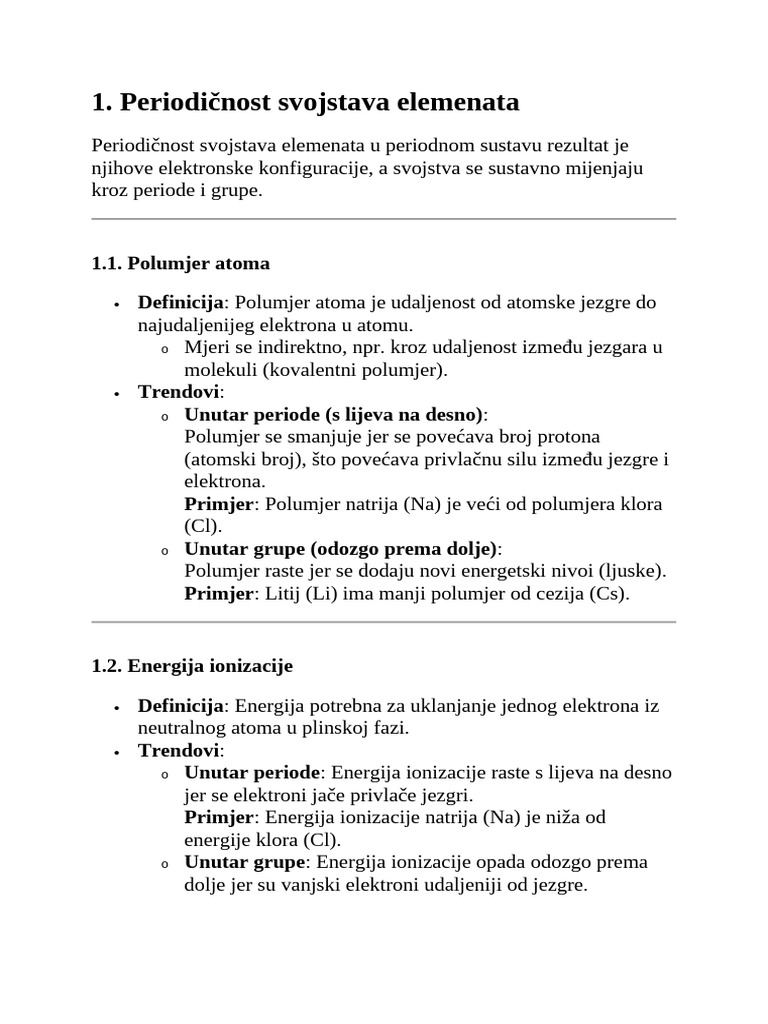 Periodičnost Svojstava Elemenata: 1.1. Polumjer Atoma Definicija | PDF