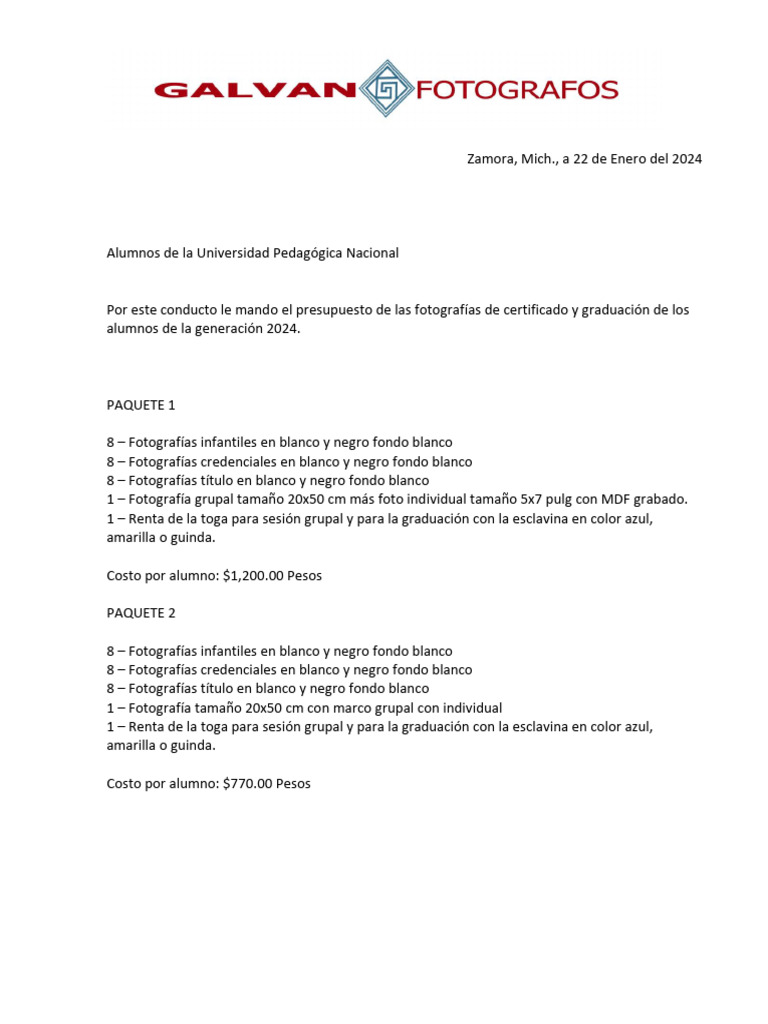 Presupuesto Fotografías y Toga UPN 2024 | PDF