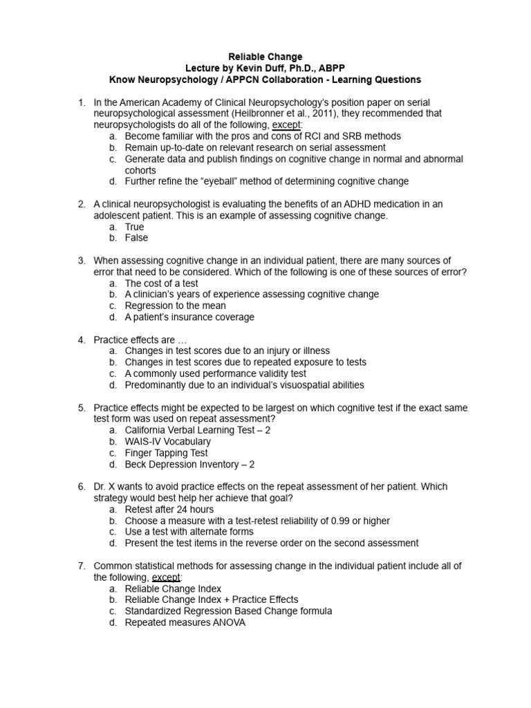 Reliable Change in Neuropsychology | PDF | Neuropsychology | Standard Error