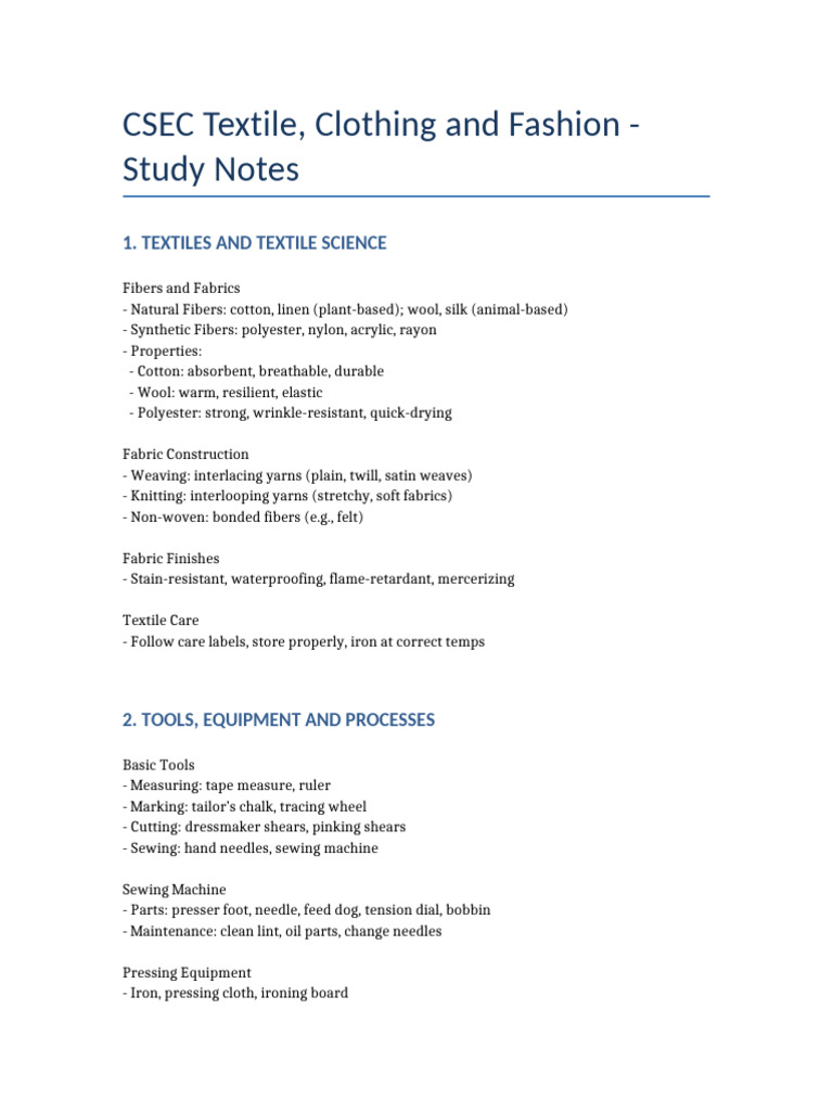 CSEC Textile Clothing and Fashion Study Notes | PDF