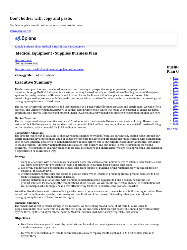 Medical Equipment - Supplies Business Plan Example - Bplans | PDF ...