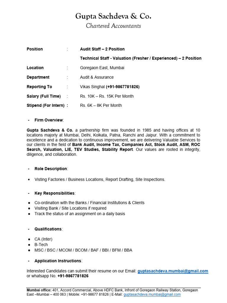 Job Openings at Gupta Sachdeva & Co. | PDF