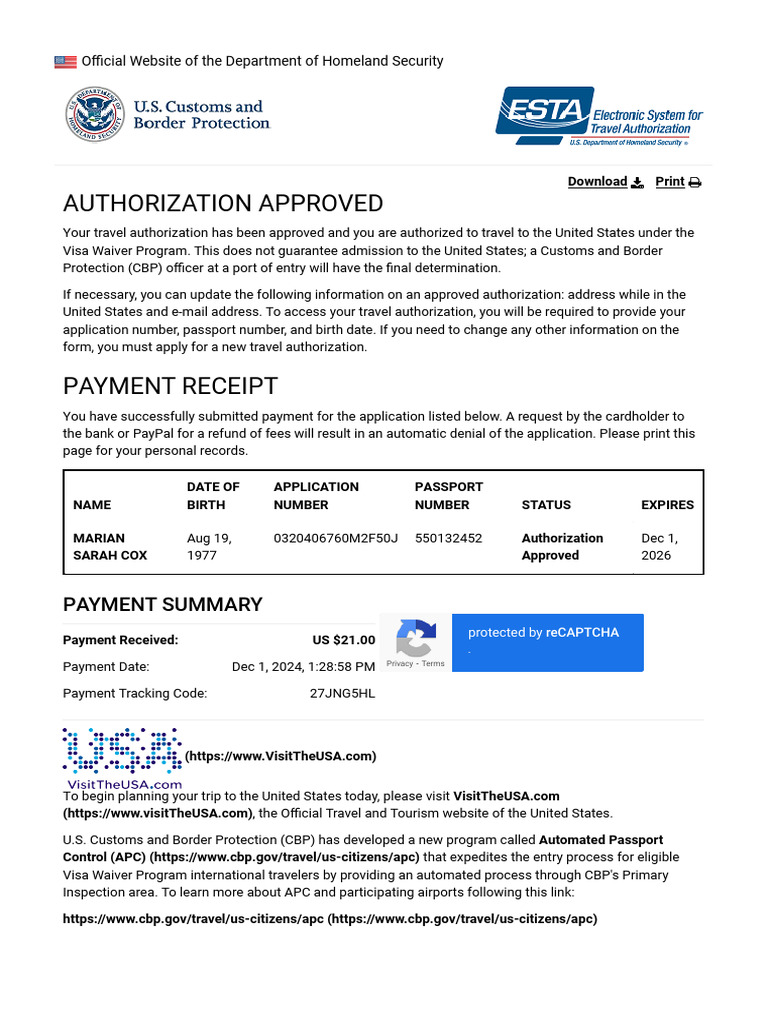 Official ESTA Application Website, U.S. Customs and Border Protection | PDF