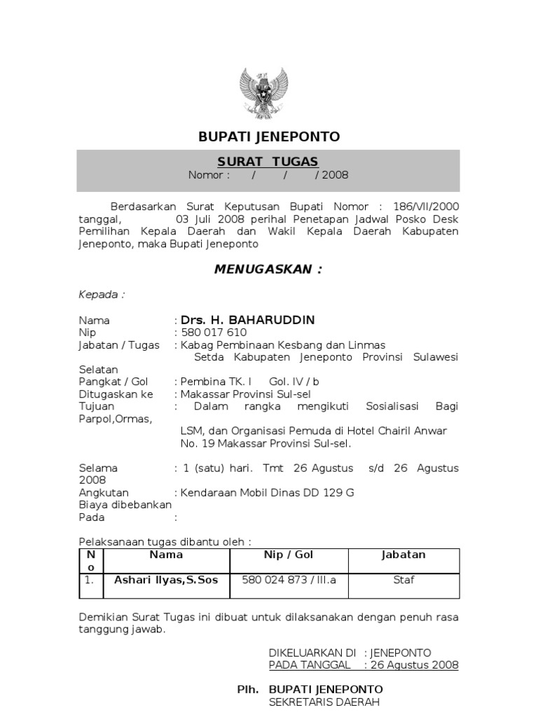 Surat Tugas Kop Bupati Dan Wakil Bupati Tahun 2008 | PDF