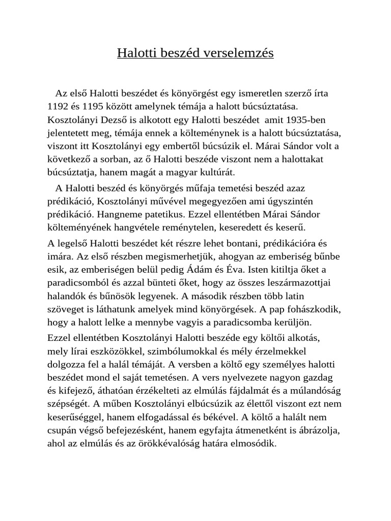 Halotti Beszéd Verselemzés | PDF