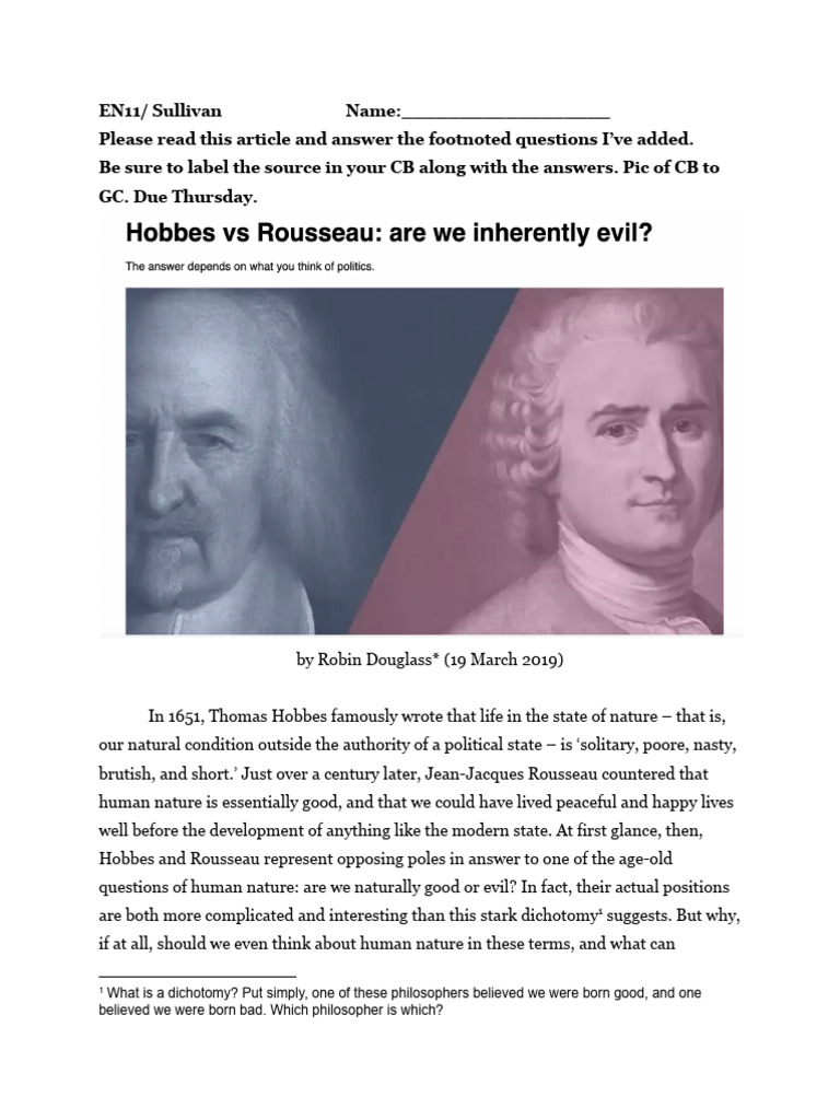 Hobbes Vs Rousseau - Are We Inherently Evil | PDF | Jean Jacques ...