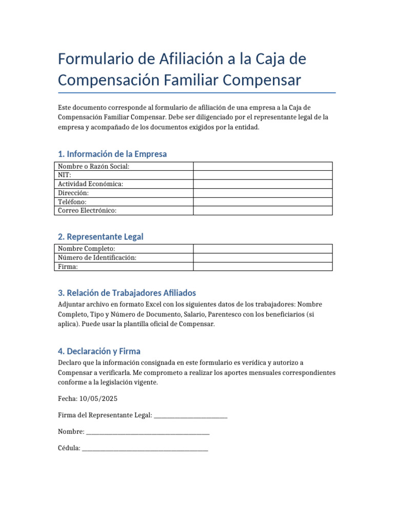 Formulario Afiliacion Compensar Empresa | PDF