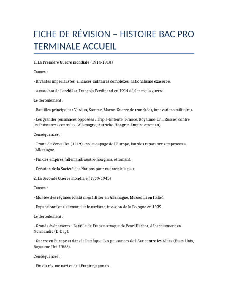 Fiche de révision : Histoire Bac Pro | PDF | Guerre froide | Allemagne ...