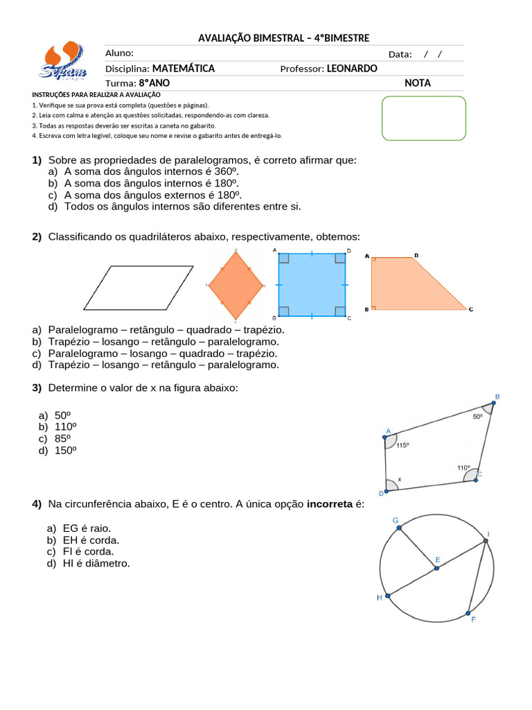 Bimestral 8º Ano - Matemática | PDF | Geometria Euclidiana | Geometria Elementar