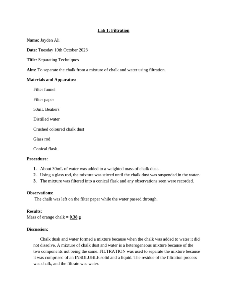 Lab 1 - Filtration Template | PDF