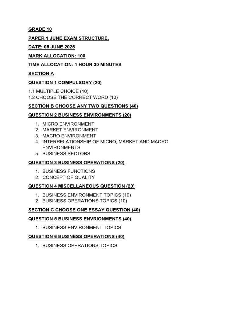 Grade 10 June Exam Structure 2025 | PDF