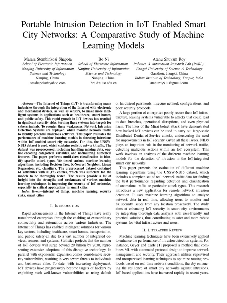 Portable Intrusion Detection in IoT Enabled Smart City Networks: A Comparative Study of Machine ...
