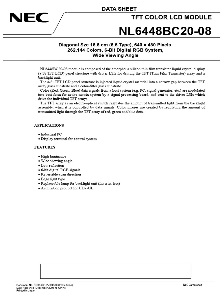 NEC NL6448BC20 21C Datasheet | PDF | Liquid Crystal Display | Backlight