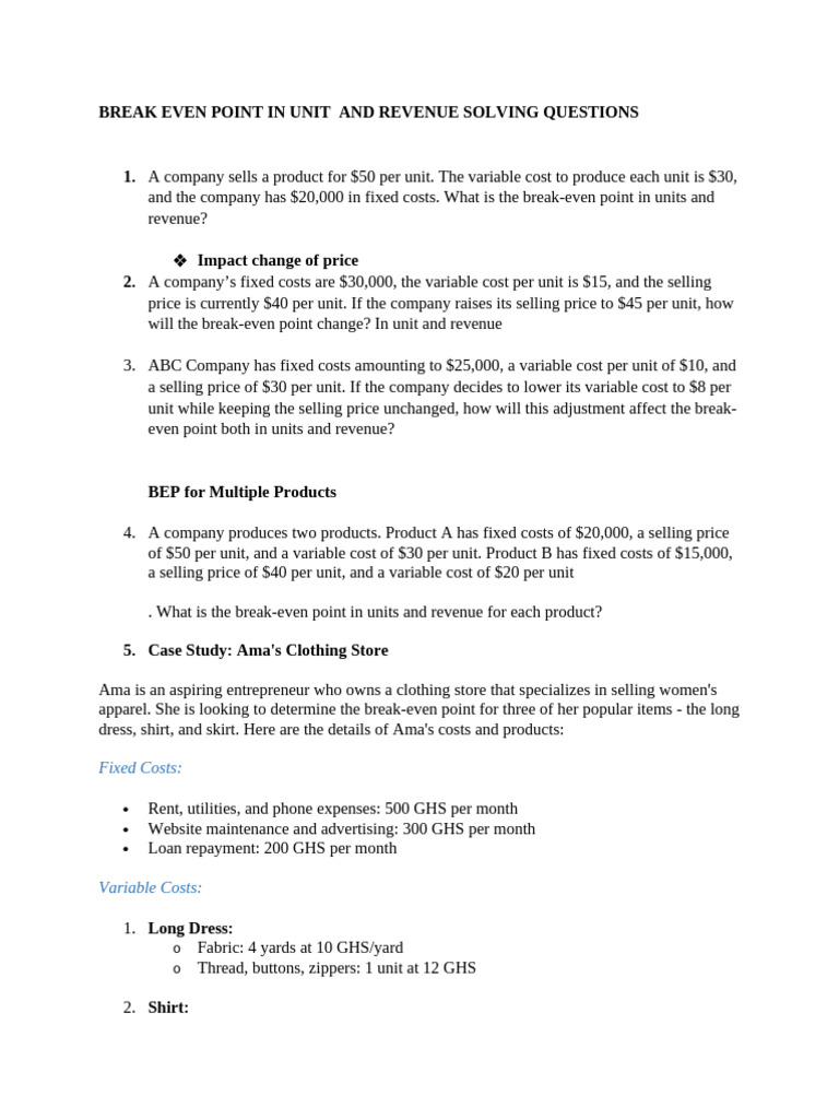 Break Even Point in Unit Solving Questions | PDF | Management Accounting | Softlines (Retail)