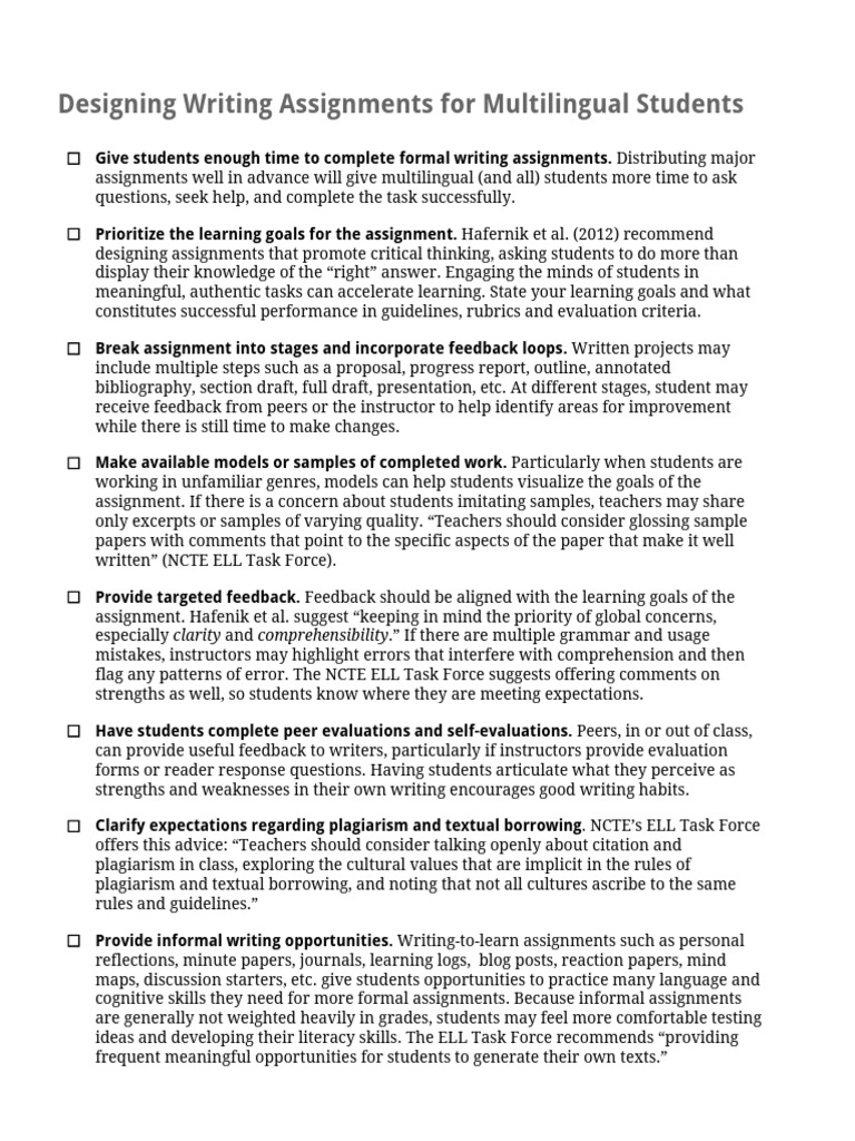 Designing Writing Assignments For Multilingual Students - Handout ...