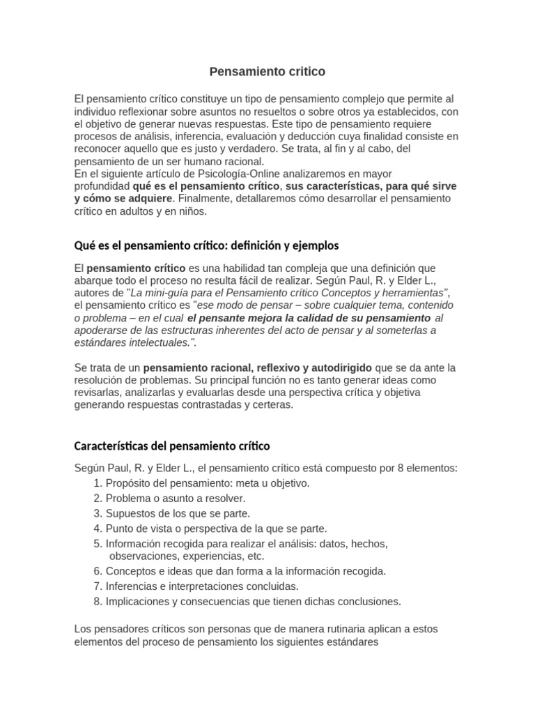 Guía del Pensamiento Crítico: Definición y Desarrollo | PDF ...