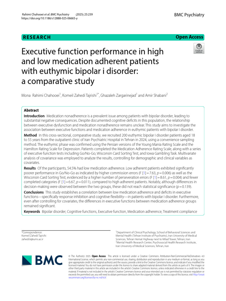 Executive Function and Medication Adherence in Bipolar I | PDF ...