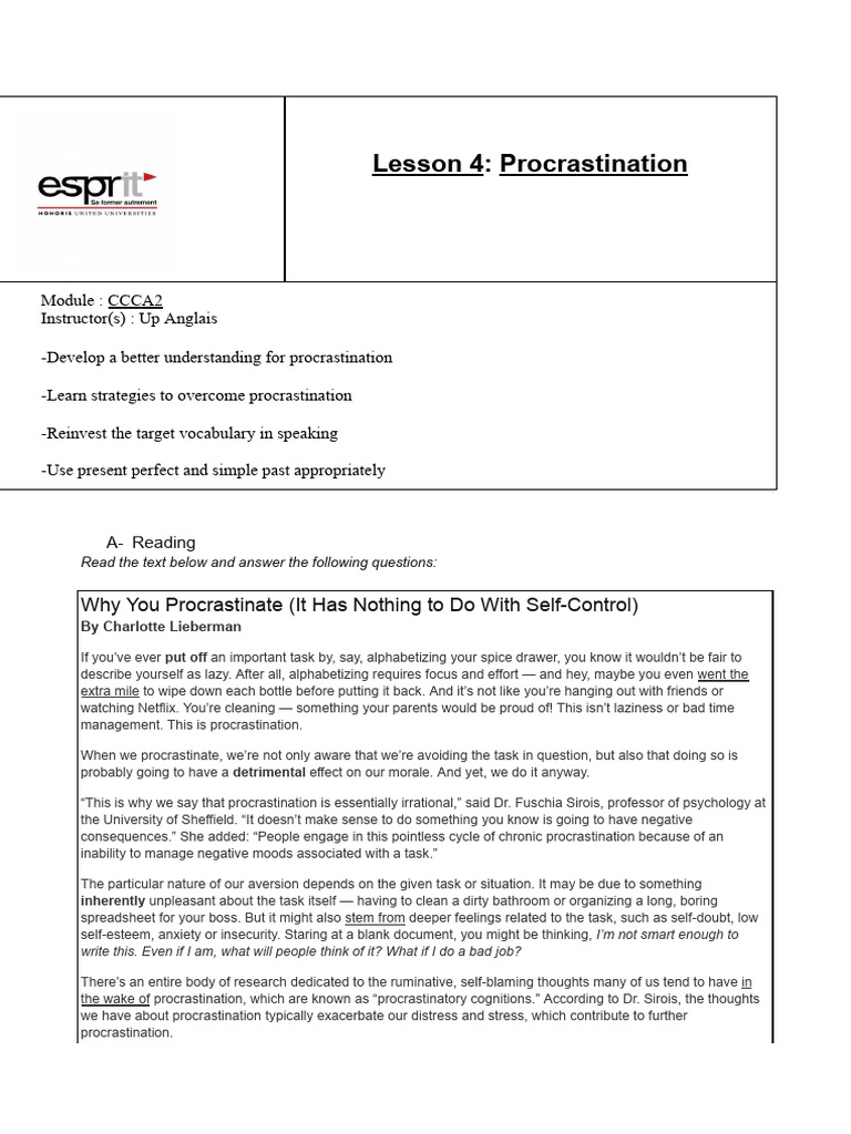 L04 Procrastination-Students-Handouts | PDF | Professional Skills ...