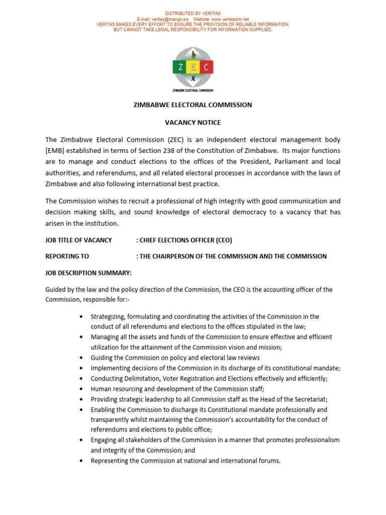 ZEC Chief Elections Officer Vacancy 2025 | PDF | Elections | Democracy
