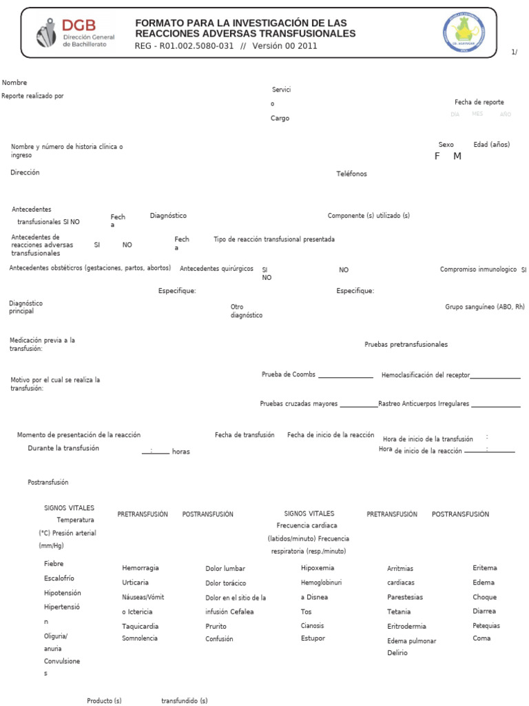 Formato Notificacion Reacciones Adversas A La Transfusion RAT | PDF | Transfusión de sangre ...