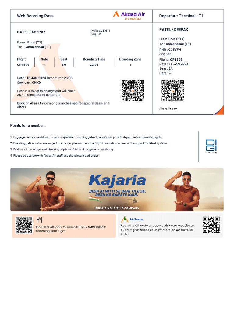 Akasa Air Boarding Pass Details | PDF