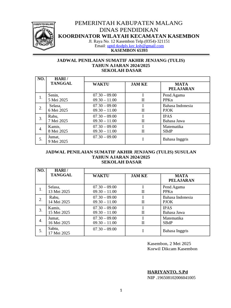 Jadwal Psaj Tulis Ta 2024-2025 Kec - Kasembon | PDF