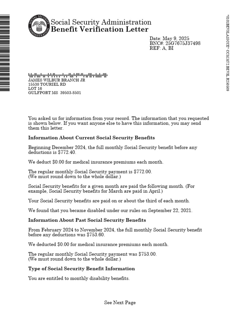 Social Security Benefit Verification Letter | PDF | Social Security ...