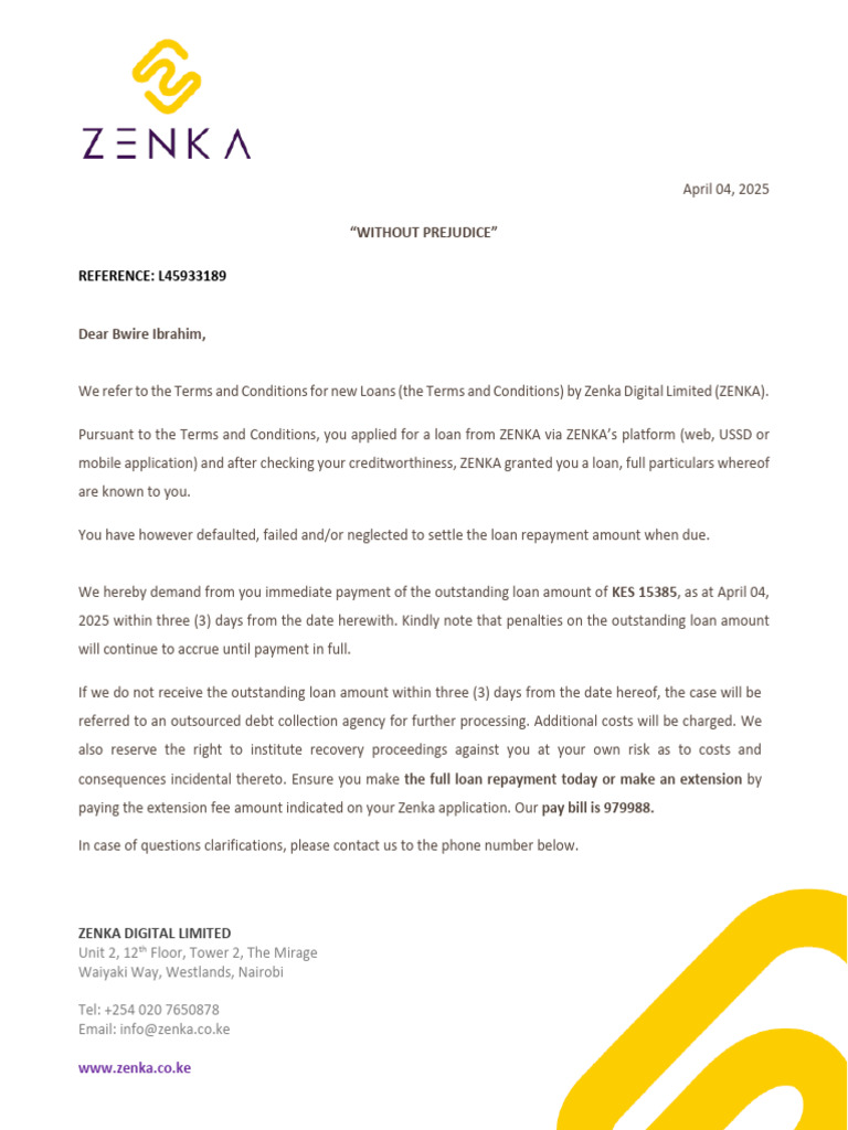 Zenka Loan Repayment Demand Notice | PDF