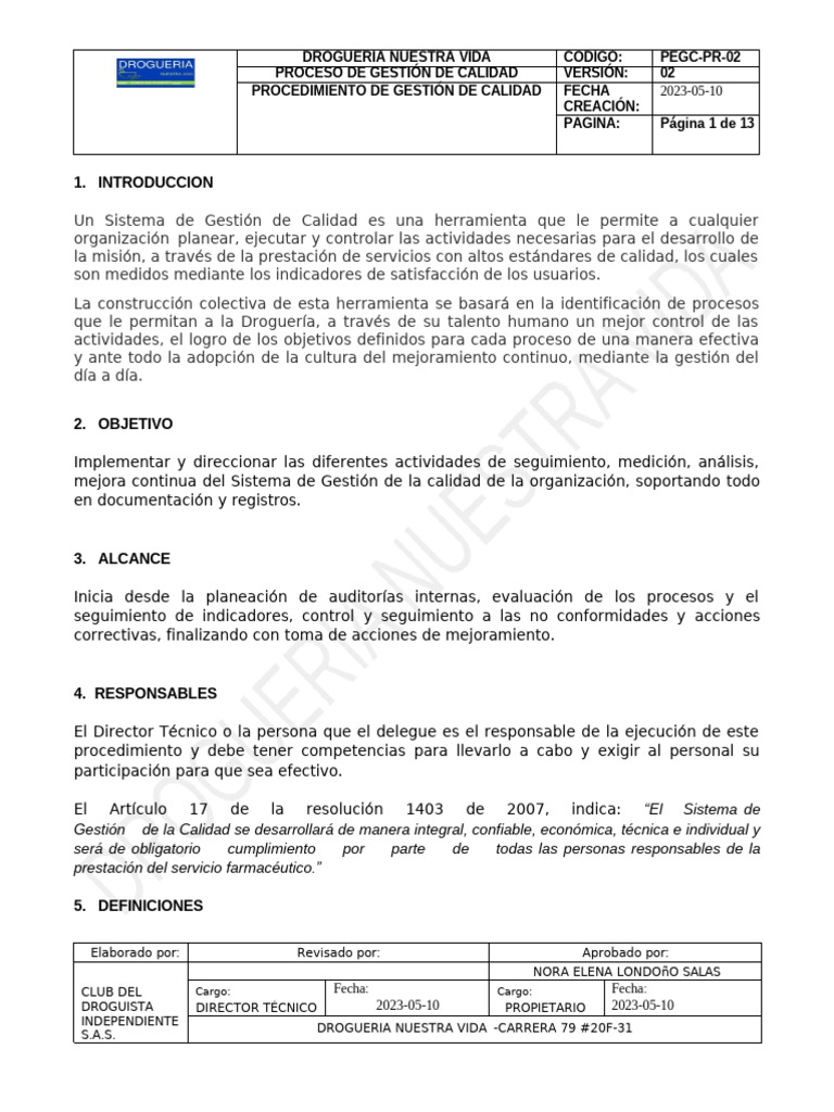 PROCEDIMIENTO DE GESTION DE CALIDAD WORD | PDF | Sistema de manejo de calidad | Gestión de la ...