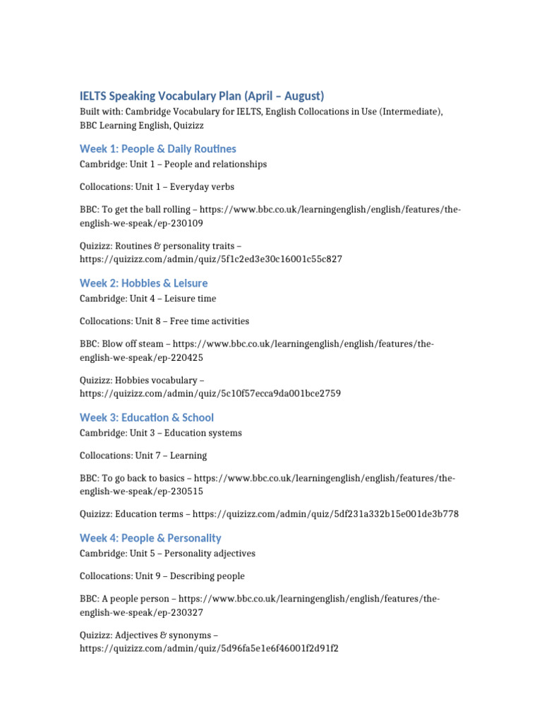 IELTS Vocabulary Learning Plan | PDF | Vocabulary | English Language