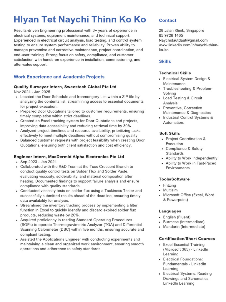 Electrical Engineer (Resume) (All for Ports Pte Ltd) | PDF | Soldering ...