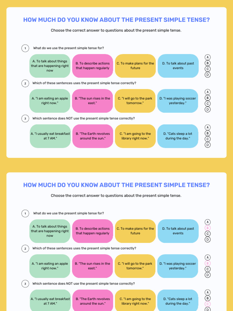Present Simple Quiz Worksheet in Colorful Simple Style | PDF