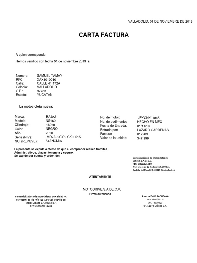 Carta Factura N e M CDMX | PDF