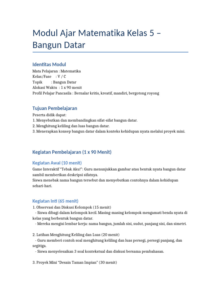 Modul Ajar Bangun Datar Kelas 5 SD | PDF