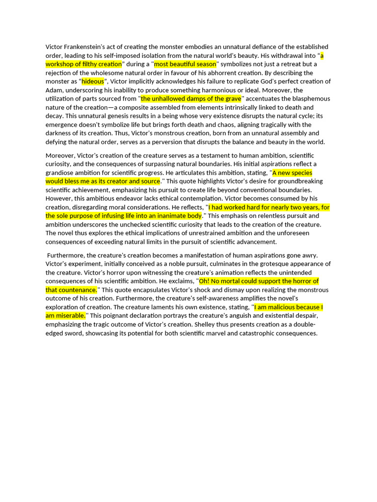 Frankenstein Creation Essay | PDF