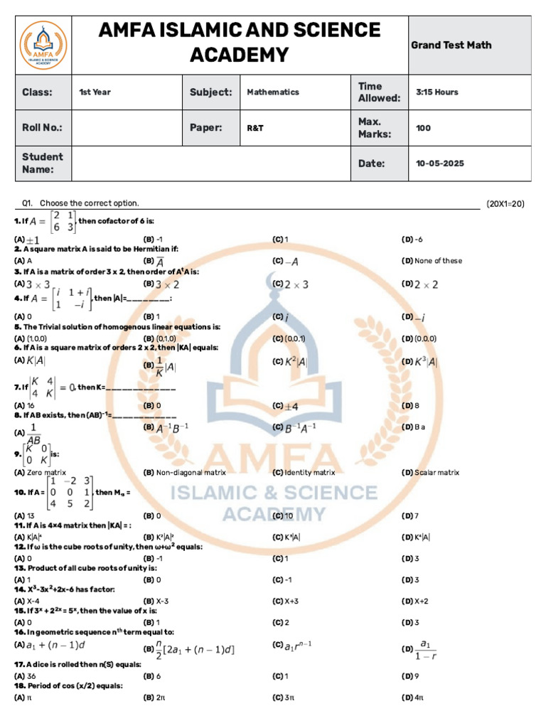 1st Year-Mathematics-R&T | PDF | Matrix (Mathematics) | Quadratic Equation