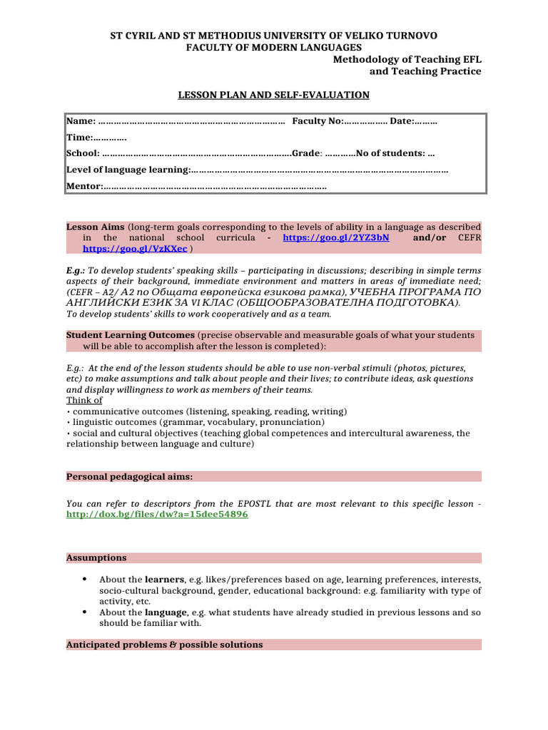 EFL Lesson Plan Template Guide | PDF | Learning | Vocabulary