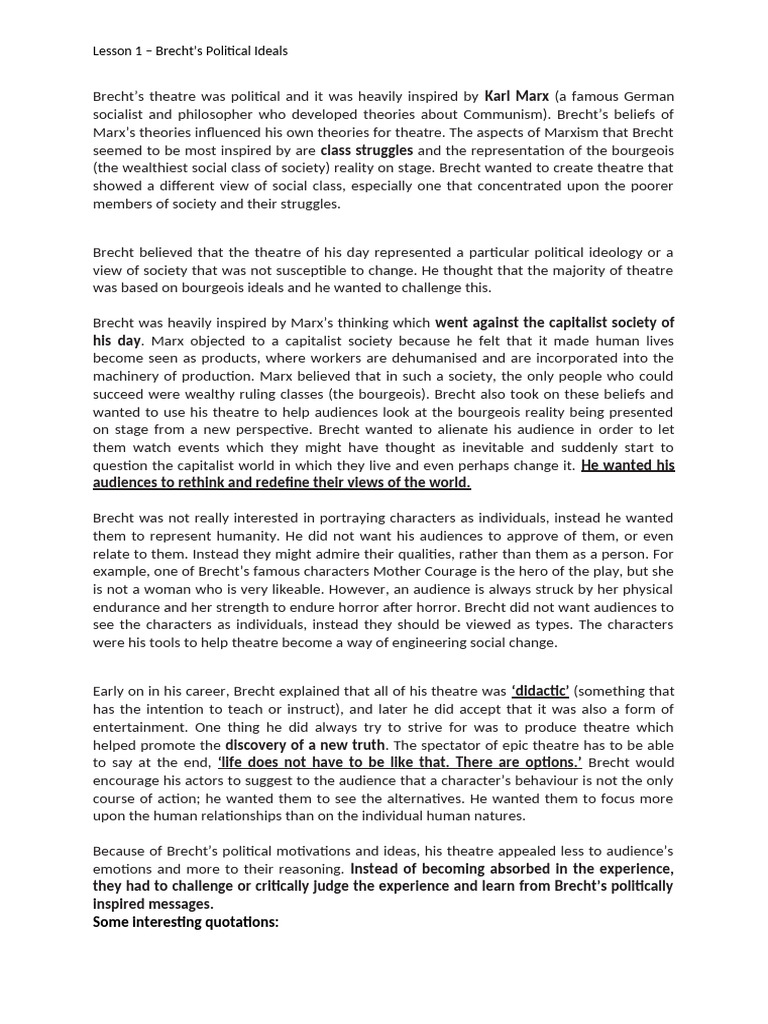 Lesson 1 - Brecht's Political Ideals | PDF | Karl Marx | Marxism