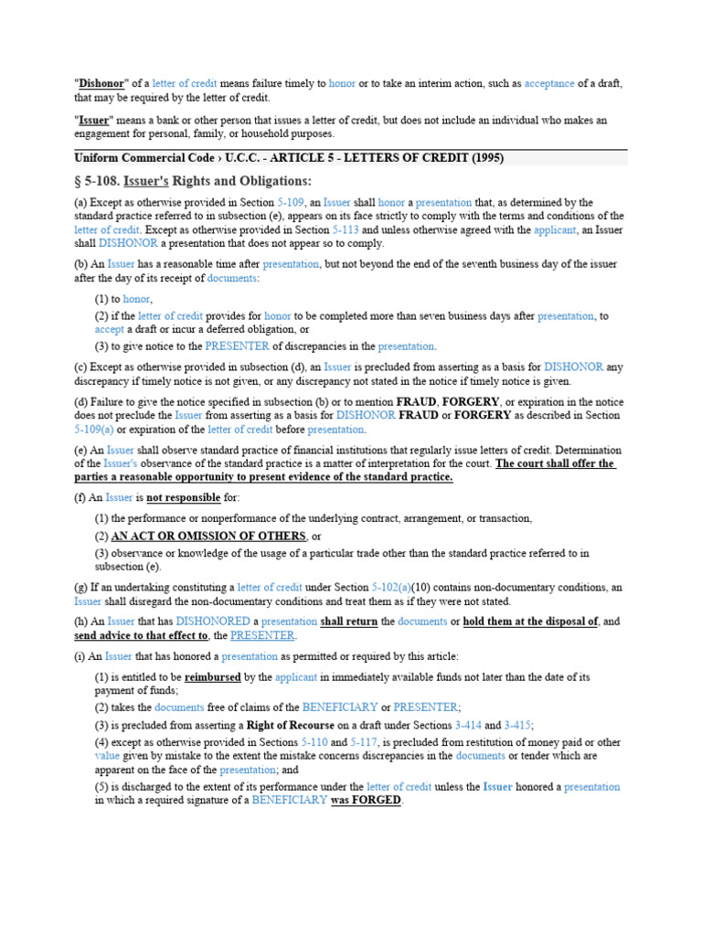 UCC SS 5-108. Issuer's Rights and Obligations | PDF | Letter Of Credit ...