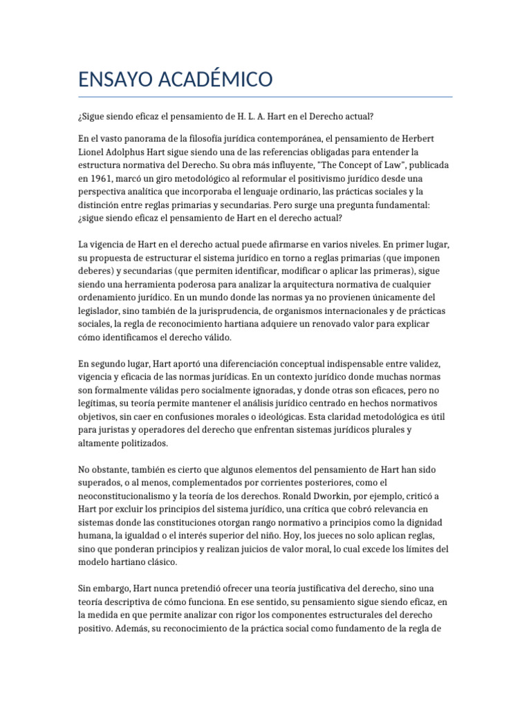 Eficacia del pensamiento de H. L. A. Hart | PDF | Filosofía Aplicada ...