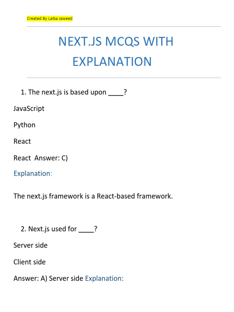 Next - Js MCQS Created Laiba Jaweed | PDF | Command Line Interface | Client–Server Model