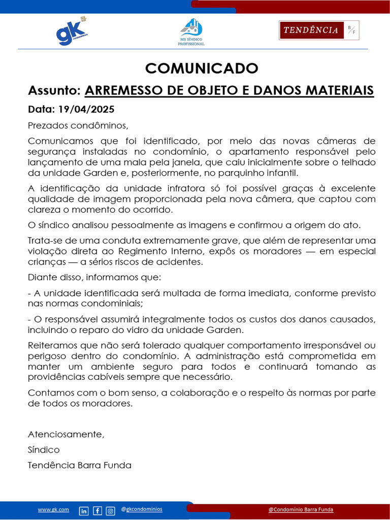 Modelo Comunicado GK e Tendencia Arremesso de Objetos 19-04-25 | PDF