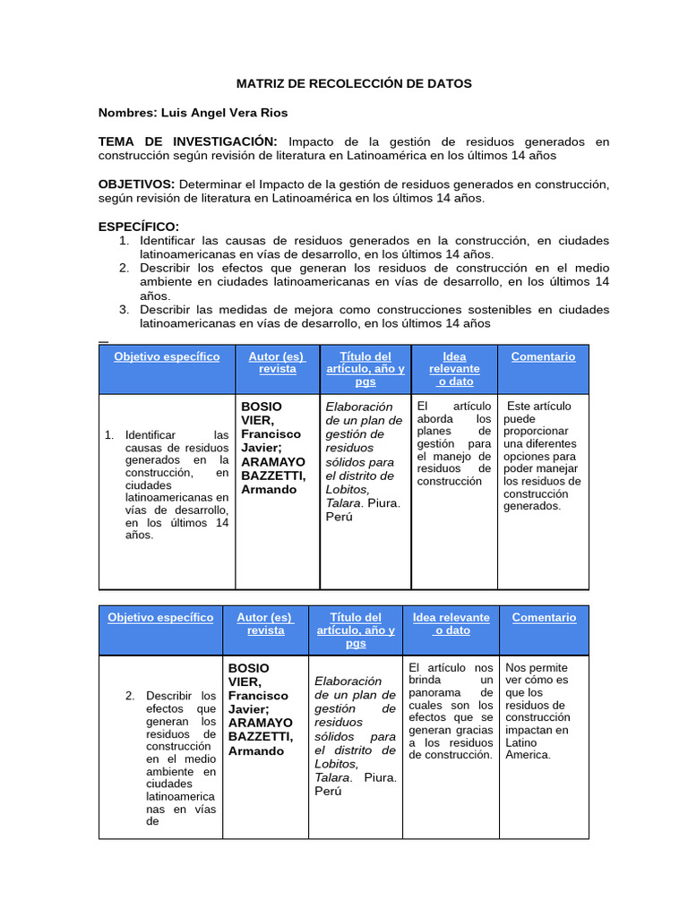 Matriz de Recolección de Datos Luis Vera | PDF | Residuos | Sustentabilidad