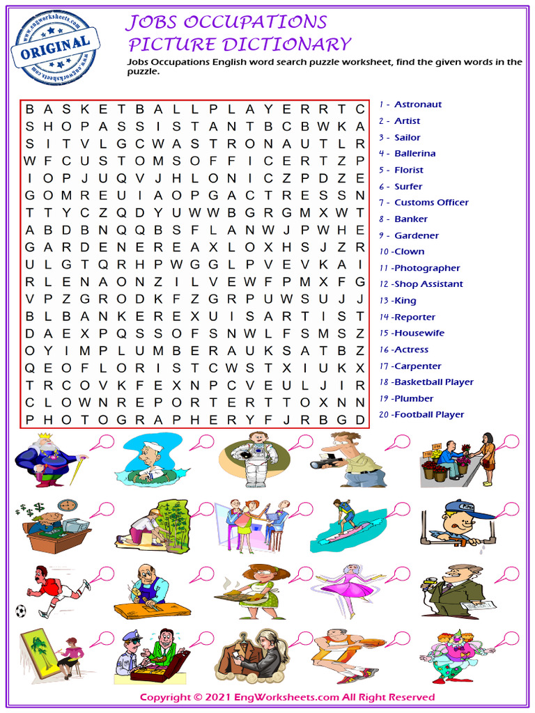Jobs Occupations English Word Search Puzzle Worksheet Find The Given ...