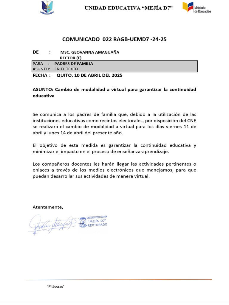 Comunicado 022 CAMBIO DE MODALIDAD EDUCATIVA | PDF