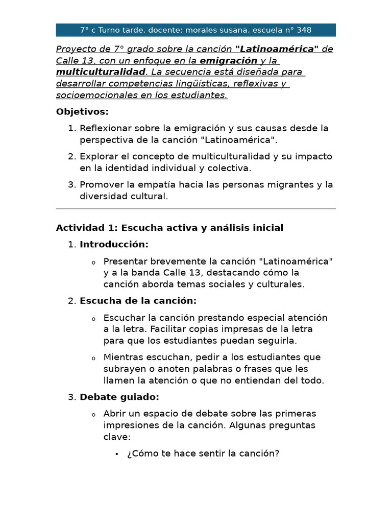 Proyecto educativo: "Latinoamérica" de Calle 13 | PDF ...